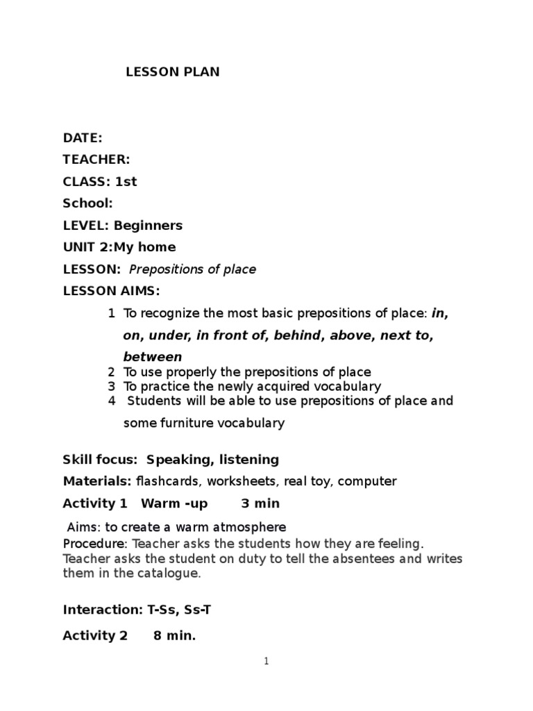 Lesson Plan Prepositions of Place | PDF | Lesson Plan | Education Theory