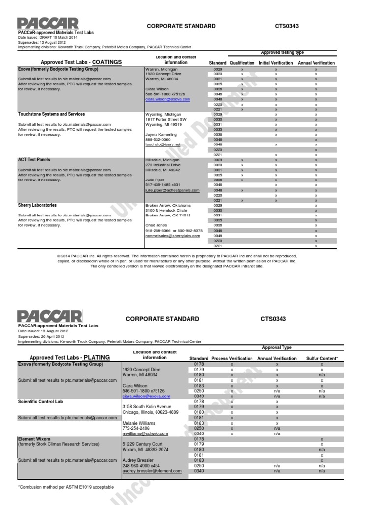 CTS0343 PACCAR-Approved Materials Test Labs 2014-03-10 | PDF ...