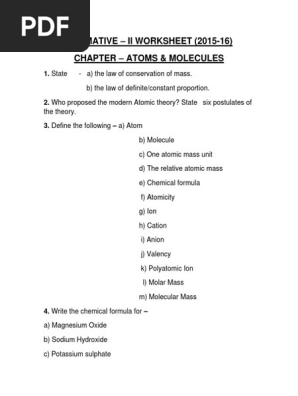 Chapter 3 Worksheet Atoms Molecules And Ions