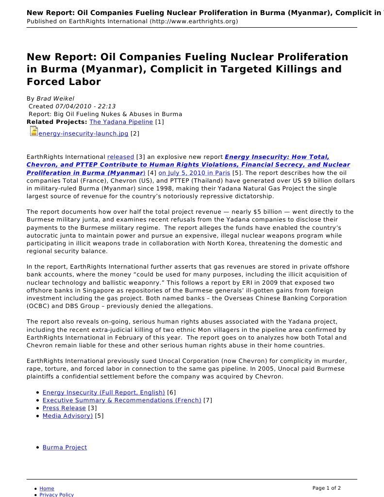 Oil Firms' Role in Burma's Nuclear Threat | PDF | Chevron Corporation ...