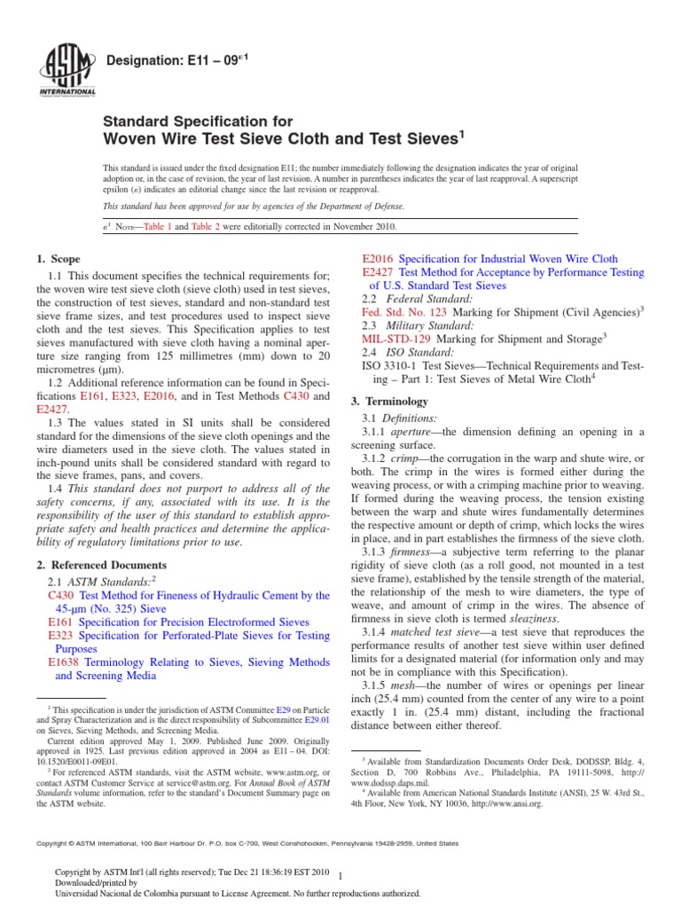 Astm E11 | PDF | Engineering Tolerance | Specification (Technical Standard)
