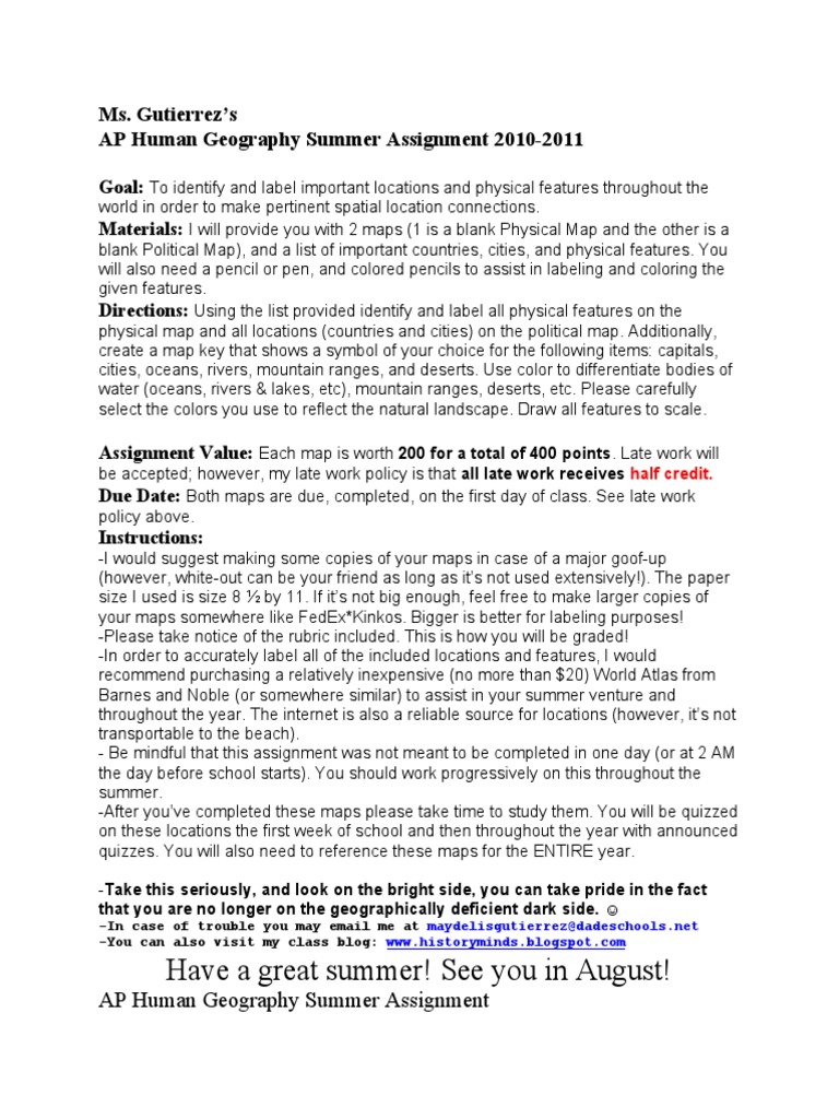 AP Human Geography Summer Map Assignment | PDF | Map | Longitude