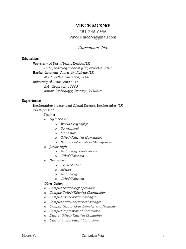 Vince Moore CV | PDF | Gifted Education | Geography