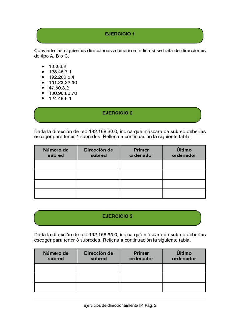 Ejercicios Direccionamiento IP PDF | PDF | Dirección IP | Redes de computadoras