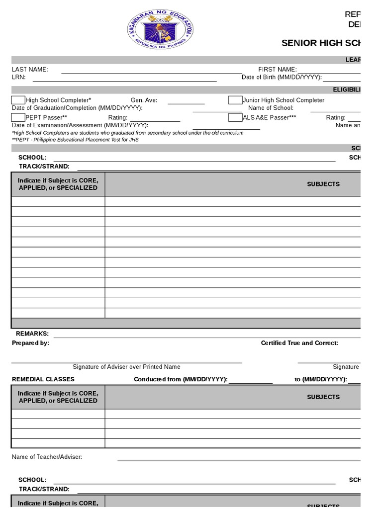 SHS Student Permanent Record Form | PDF | Secondary School | Sharing