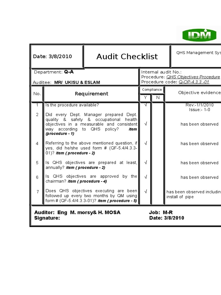 Qhs Objectives Procedure Checklist | PDF | Finance & Money Management ...