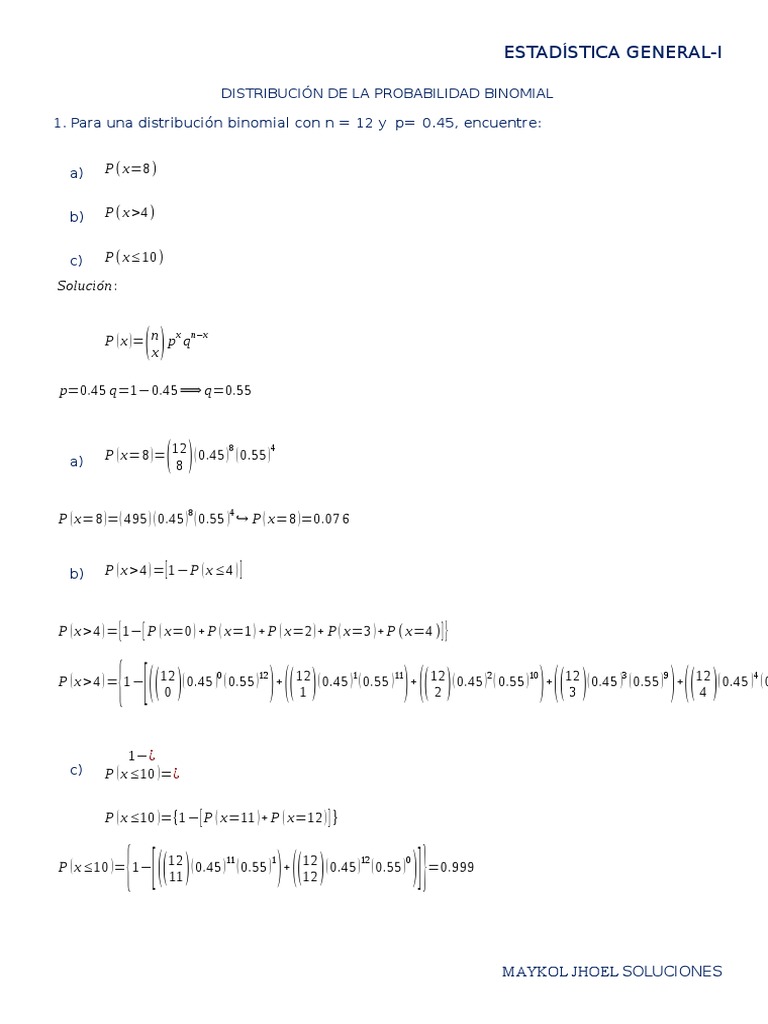 Distribución de La Probabilidad Binomial... EJERCICIOS SOLUCIONADOS | PDF | Probabilidad ...