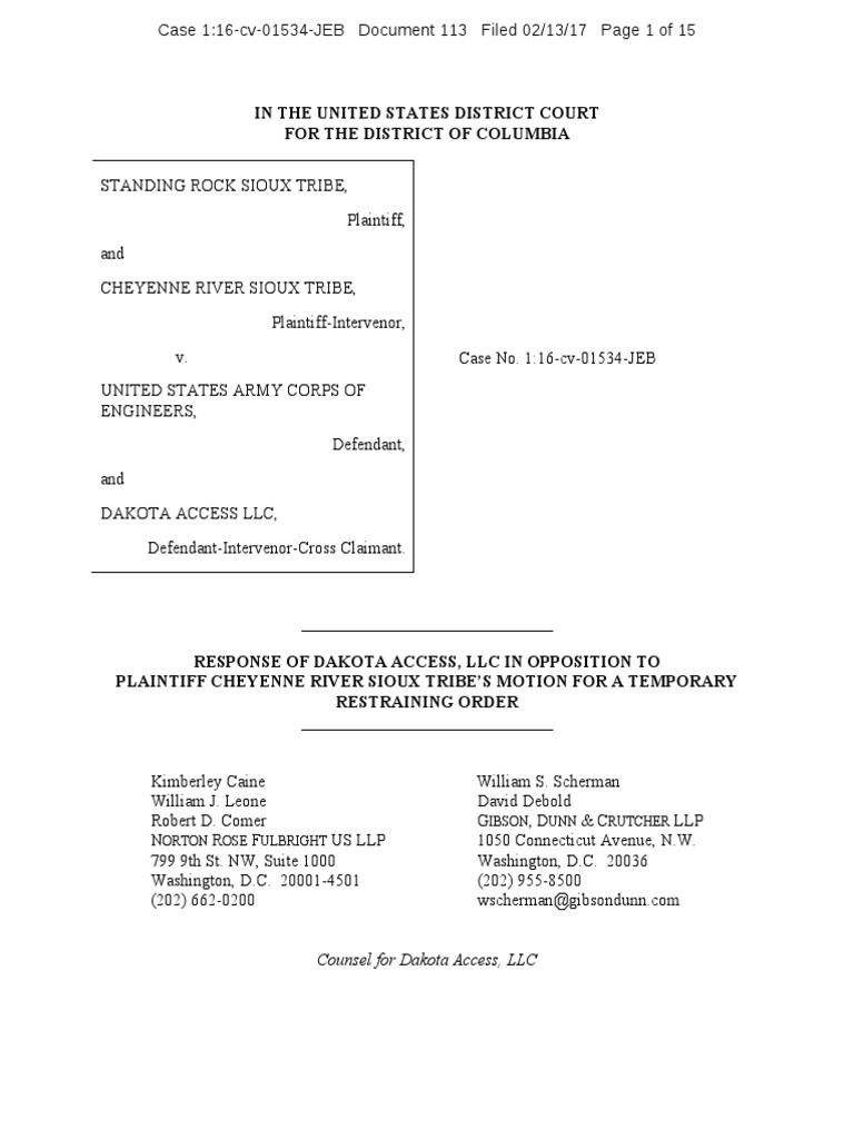 Feb - 13 - Response of Dakota Access, LLC in Opposition To Plaintiff Cheyenne River Sioux Tribe ...
