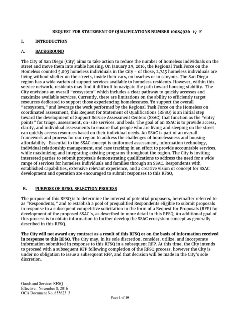 City of San Diego's RFSQ For Homeless Intake Facilities | PDF ...