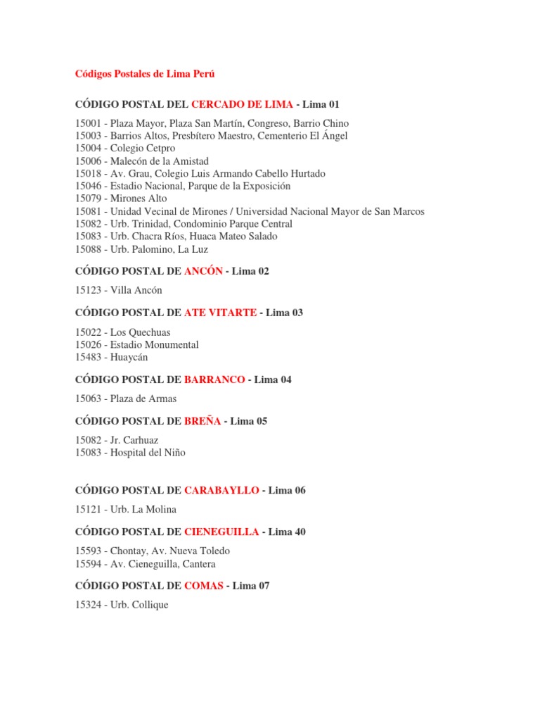 Códigos Postales de Lima Perú | Lima | Perú