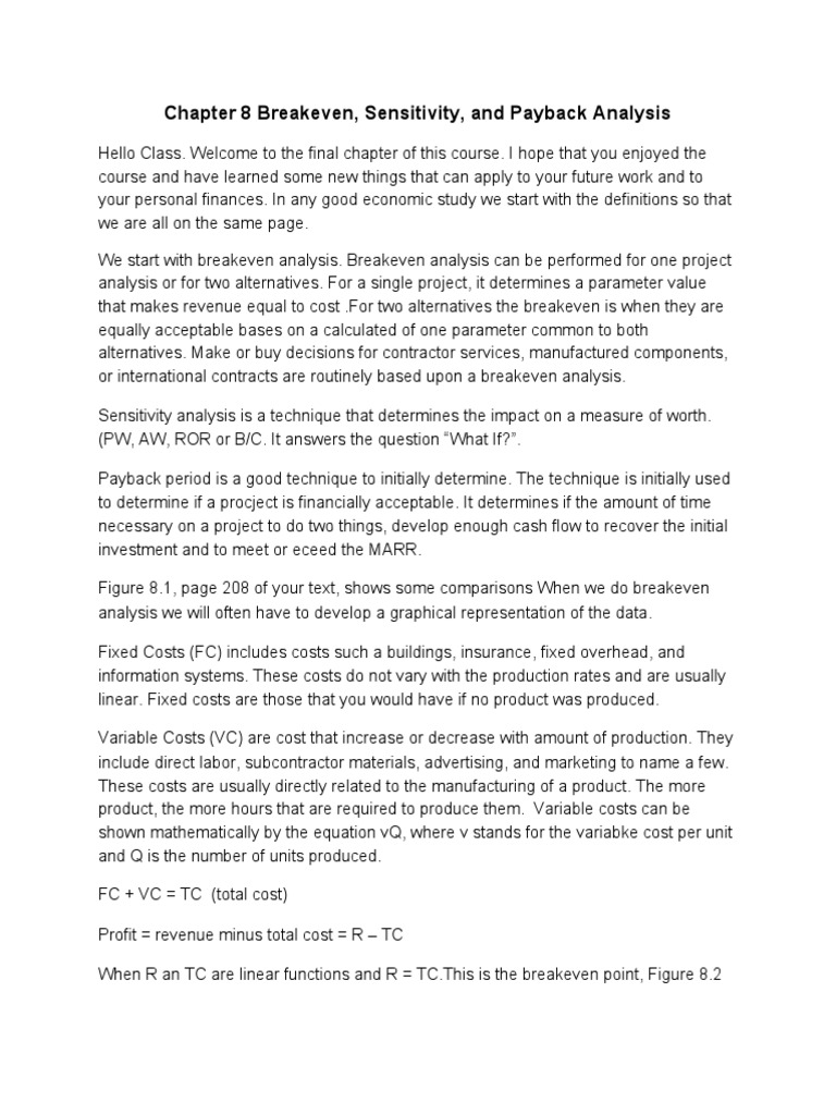 Chapter 8 Breakeven, Sensitivity, and Payback Analysis | PDF | Sensitivity Analysis | Business ...