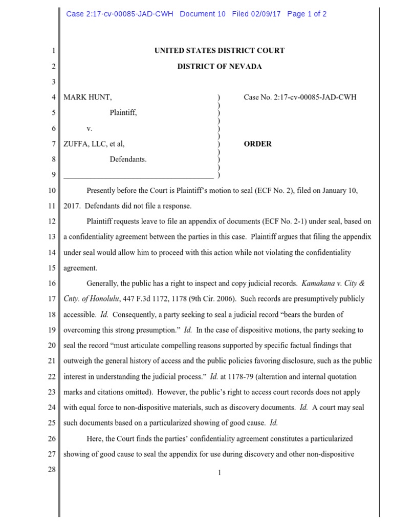 Motion To Seal Granted | PDF | Discovery (Law) | Lawsuit