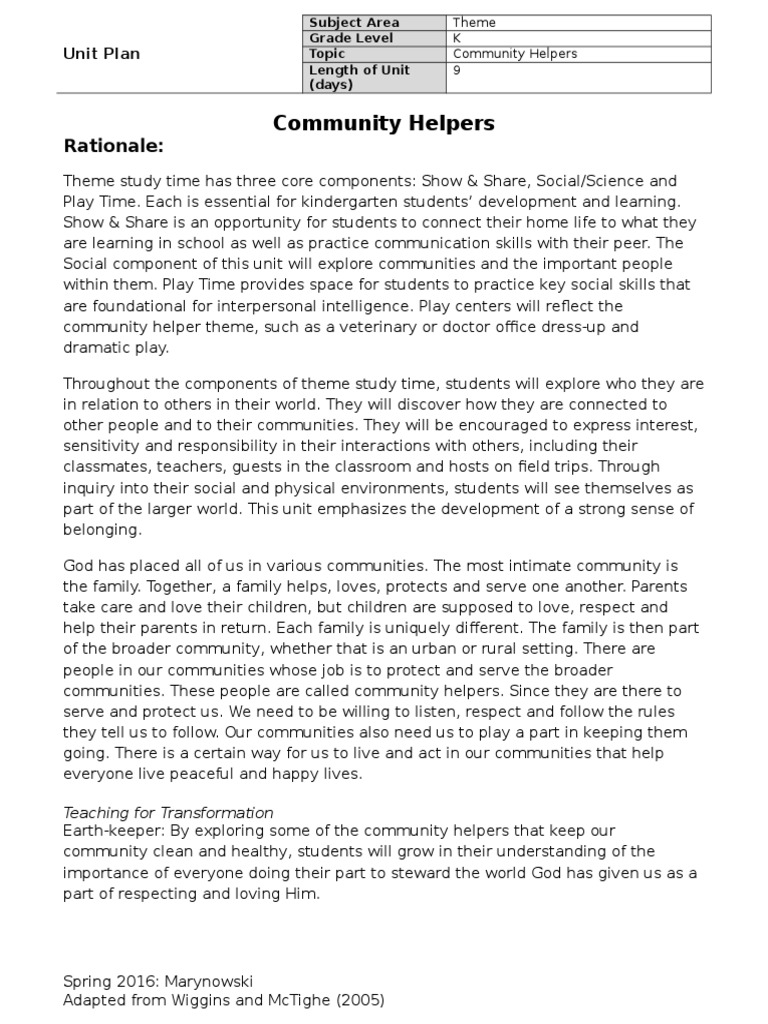 Kindergarten Community Helpers - Theme Unit | PDF | Community ...