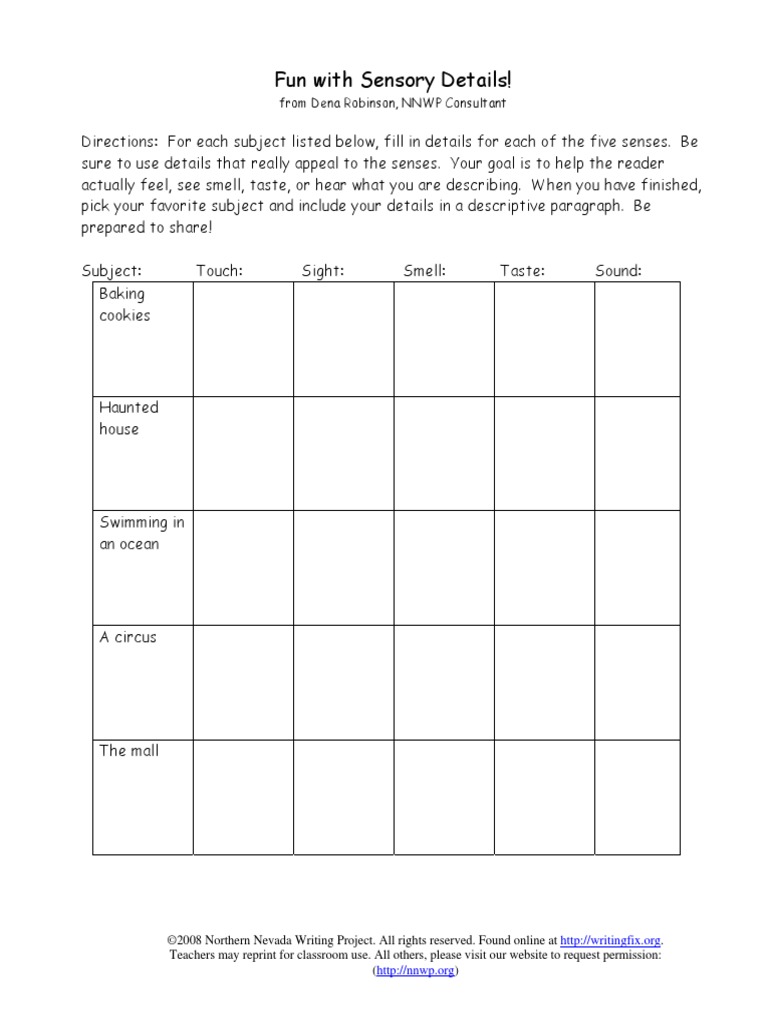 Fun With Sensory Details!: From Dena Robinson, NNWP Consultant | PDF ...