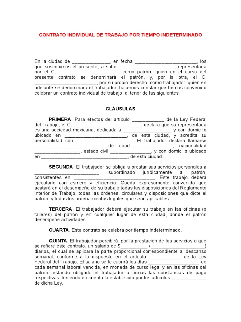 Contrato Individual de Trabajo Por Tiempo Indeterminado | PDF | Salario | Derecho laboral