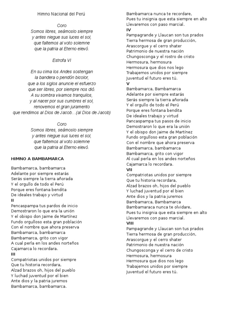 Himnos Nacionales del Perú y Bambamarca | PDF | Religión y creencia ...