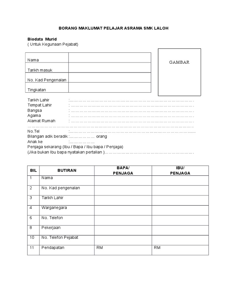 Borang Maklumat Pelajar Asrama | PDF