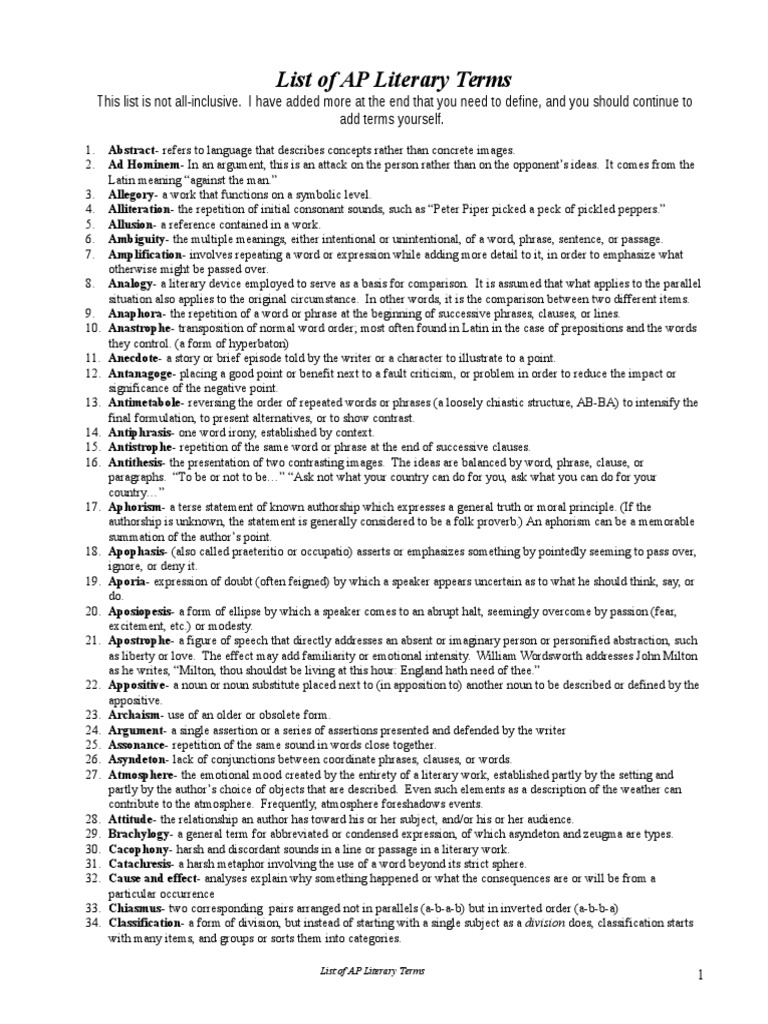 AP Literature Terms | PDF | Sentence (Linguistics) | Phrase