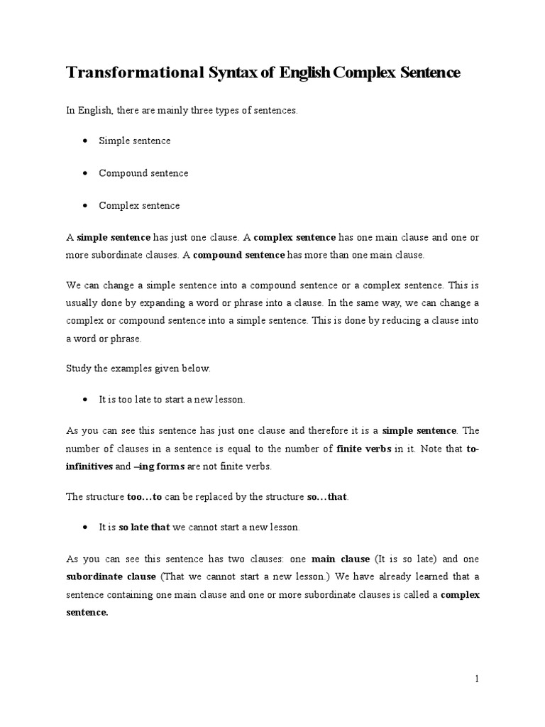 Transformational Syntax of English Complex Sentence | PDF | Sentence (Linguistics) | Clause