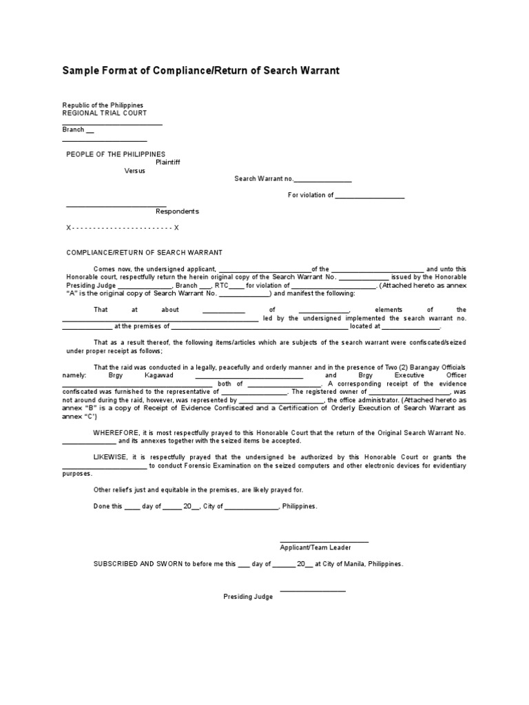 Sample Format of ComplianceReturn of Search Warrant | PDF