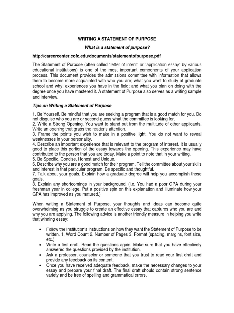 Writing A Statement of Purpose | PDF | Essays | Graduate School