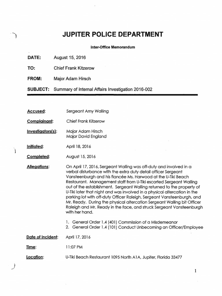 Jupiter Police Internal Affairs Summary | PDF | Detective | Police Officer