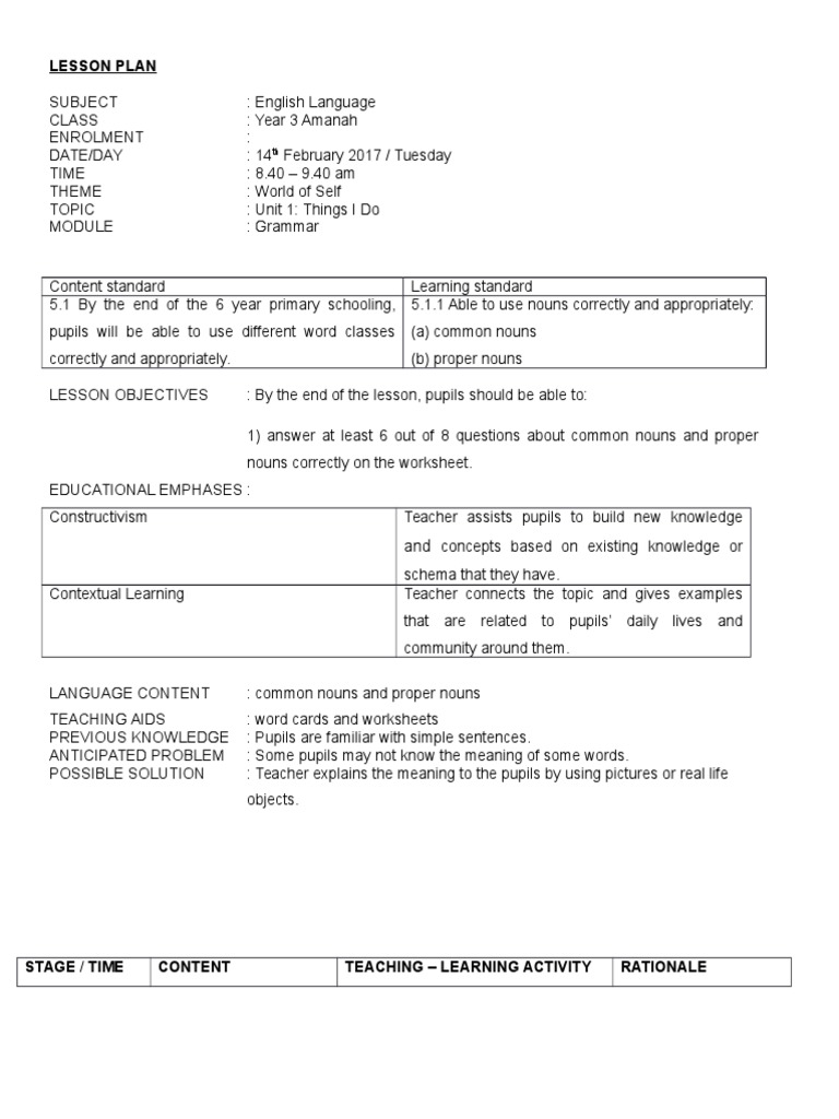 Year 3 English Lesson on Nouns | PDF | Lesson Plan | Neuropsychological ...