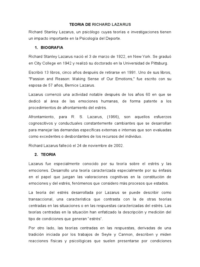 Teoría del Estrés de Richard Lazarus | PDF | Estrés (biología) | Las ...