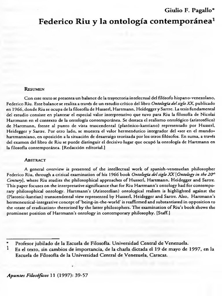 Pagallo. - Federico Riu y La Ontólogia | PDF | Ontología | Edmund Husserl