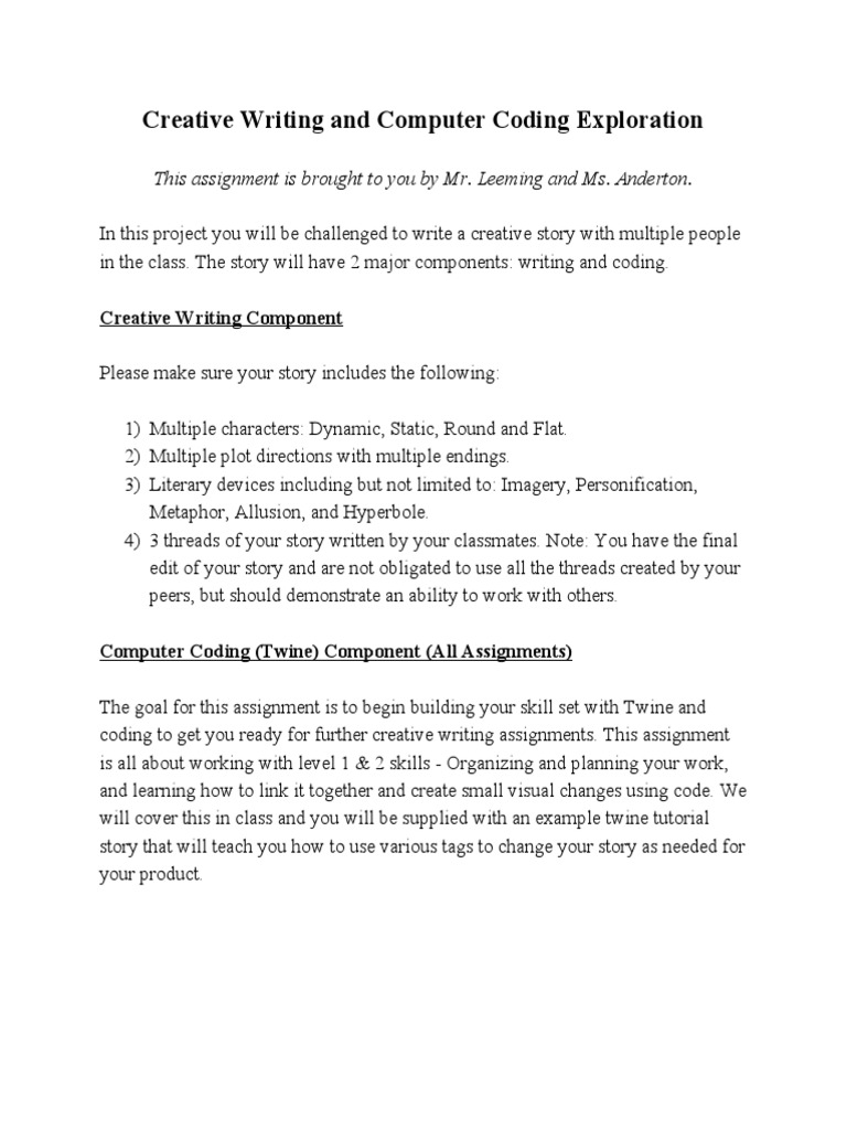 Creative Writing and Computer Coding Exploration: This Assignment Is ...