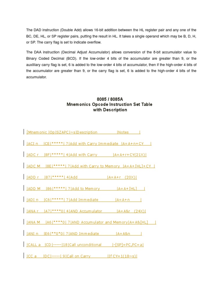 An Instruction Set Reference Table for the Intel 8085 Microprocessor ...