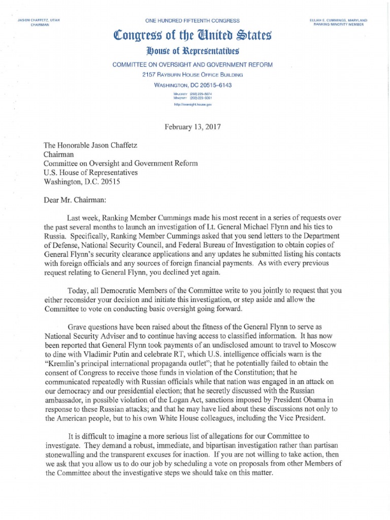 Re: Flynn Resignation - Democratic House Oversight Committee Letter To ...
