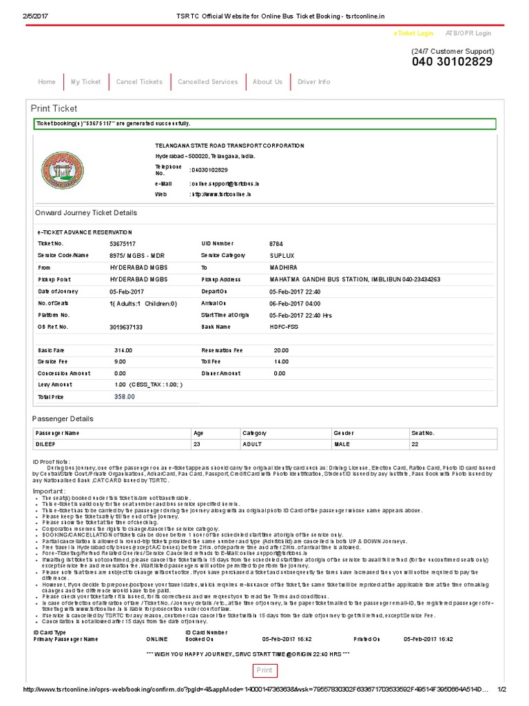 TSRTC Official Website for Online Bus Ticket Booking - tsrtconline.pdf | Ticket (Admission ...