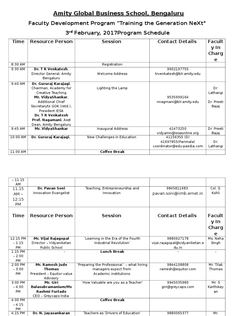 FDP 2017 Program Schedule With Faculty in-charge | Business | Personal ...