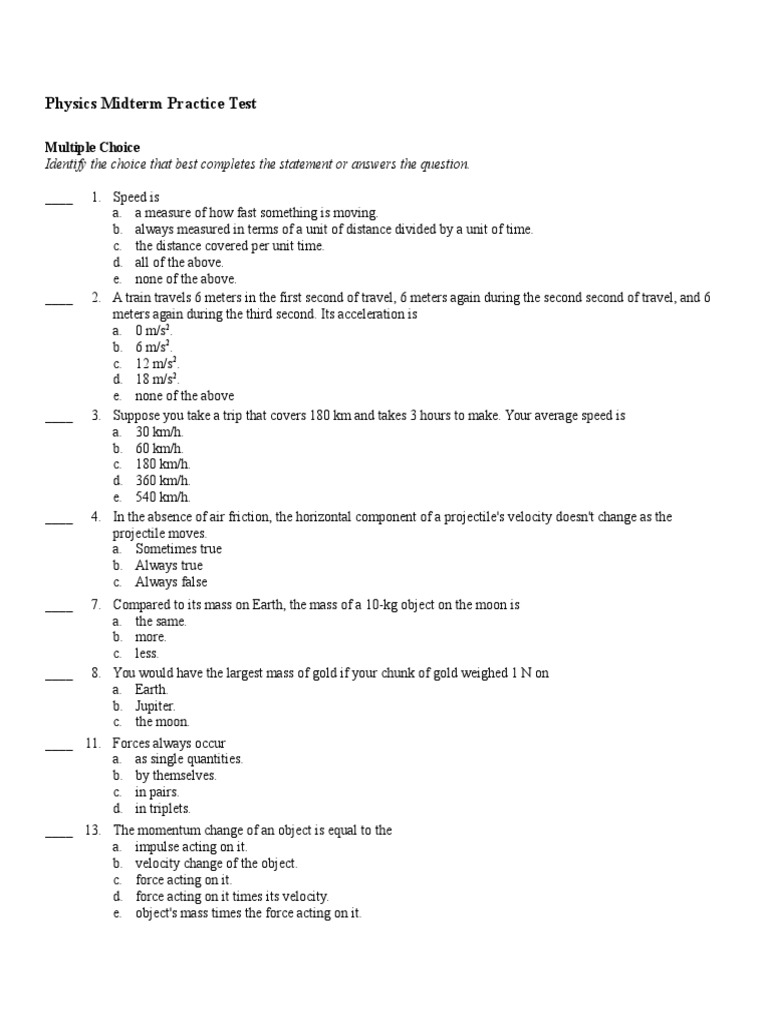 Physics Midterm Practice Test | PDF | Speed | Force