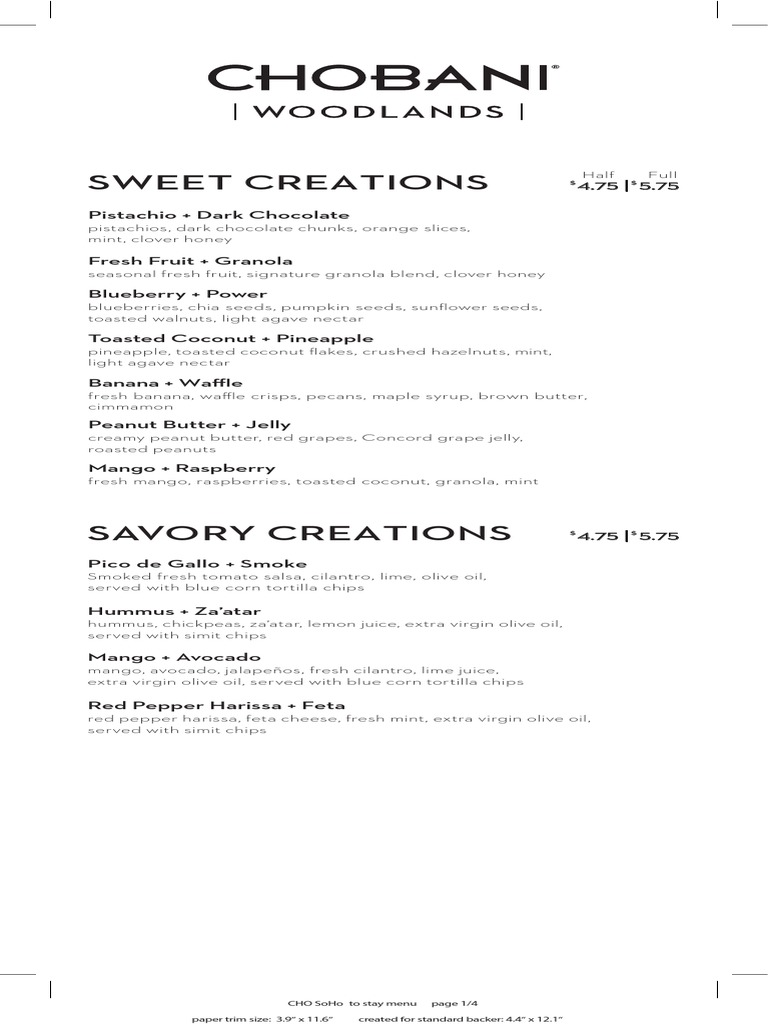 Chobani Cafe Houston Menu | PDF | Salad | Foods