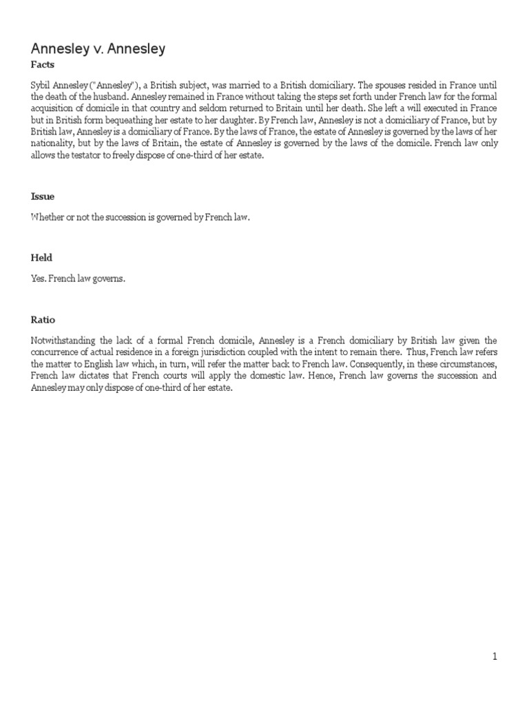 Annesley Case: French Law Governs Estate | PDF