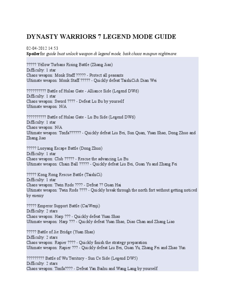 Dynasty Warriors 7 Legend Mode Guide | PDF | Three Kingdoms | Han Dynasty