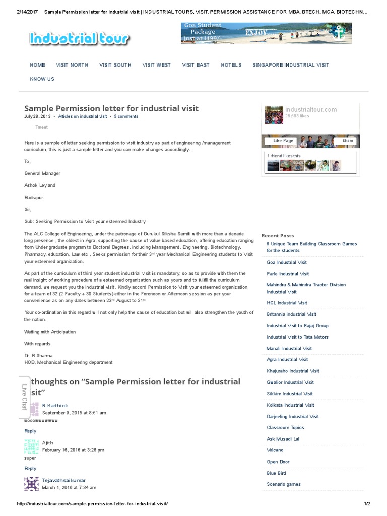 Sample Permission Letter For Industrial Visit | PDF | Academia ...