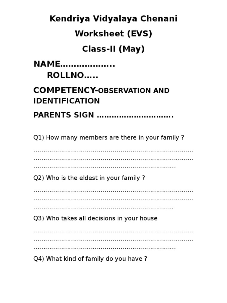 EVS Worksheet for Class II: Family Observations | PDF