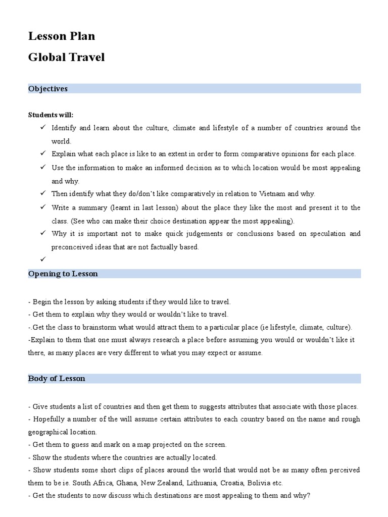 Global Travel Lesson Plan for Students | PDF