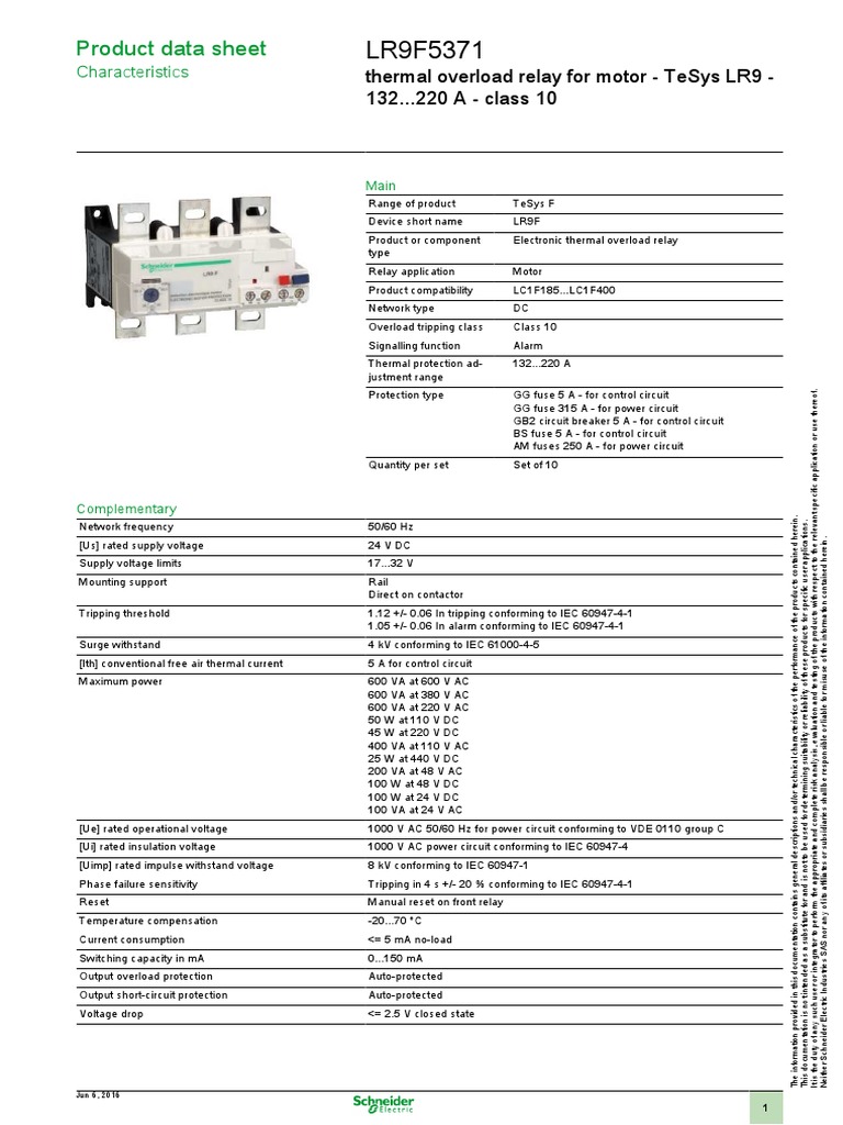 Product Data Sheet for TeSys LR9F5371 Electronic Thermal Overload Relay ...