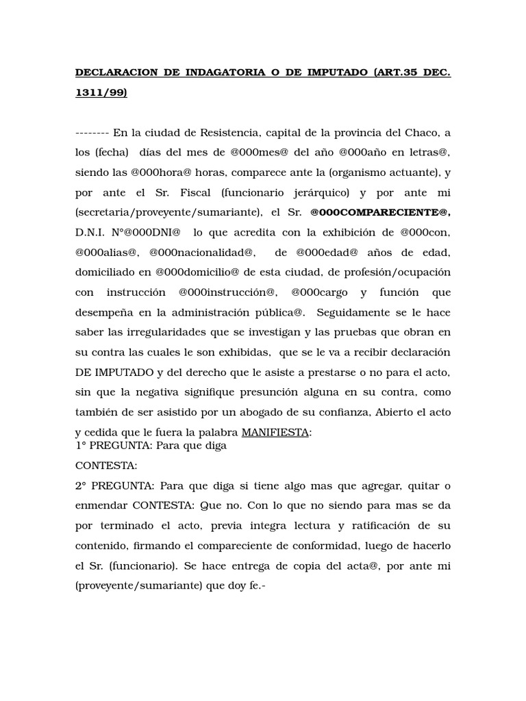 Modelo Declaracion Del Imputado