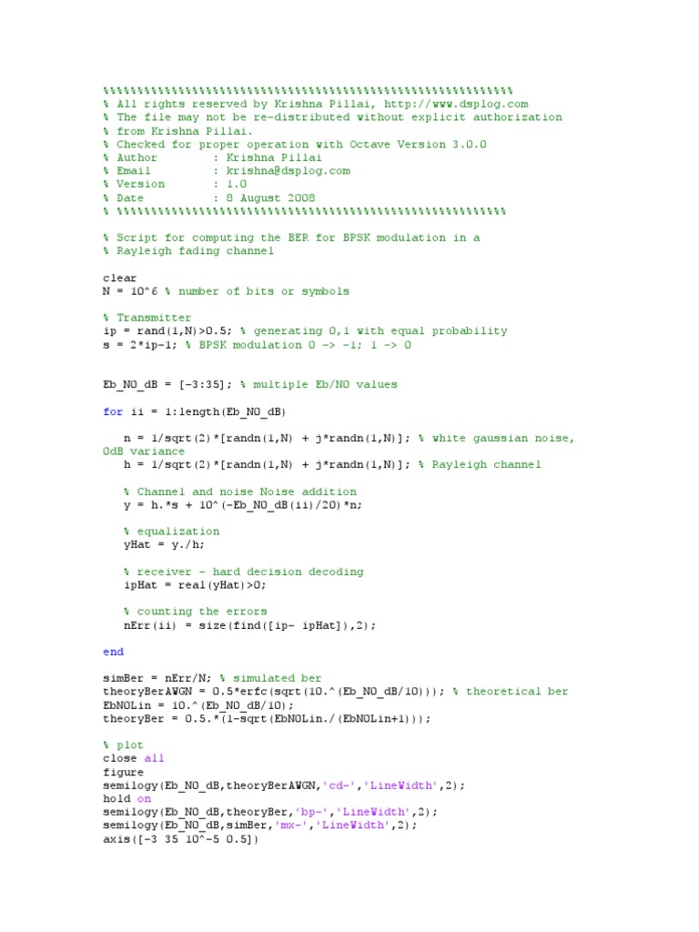 Matlab Code - BER Rayleigh | PDF