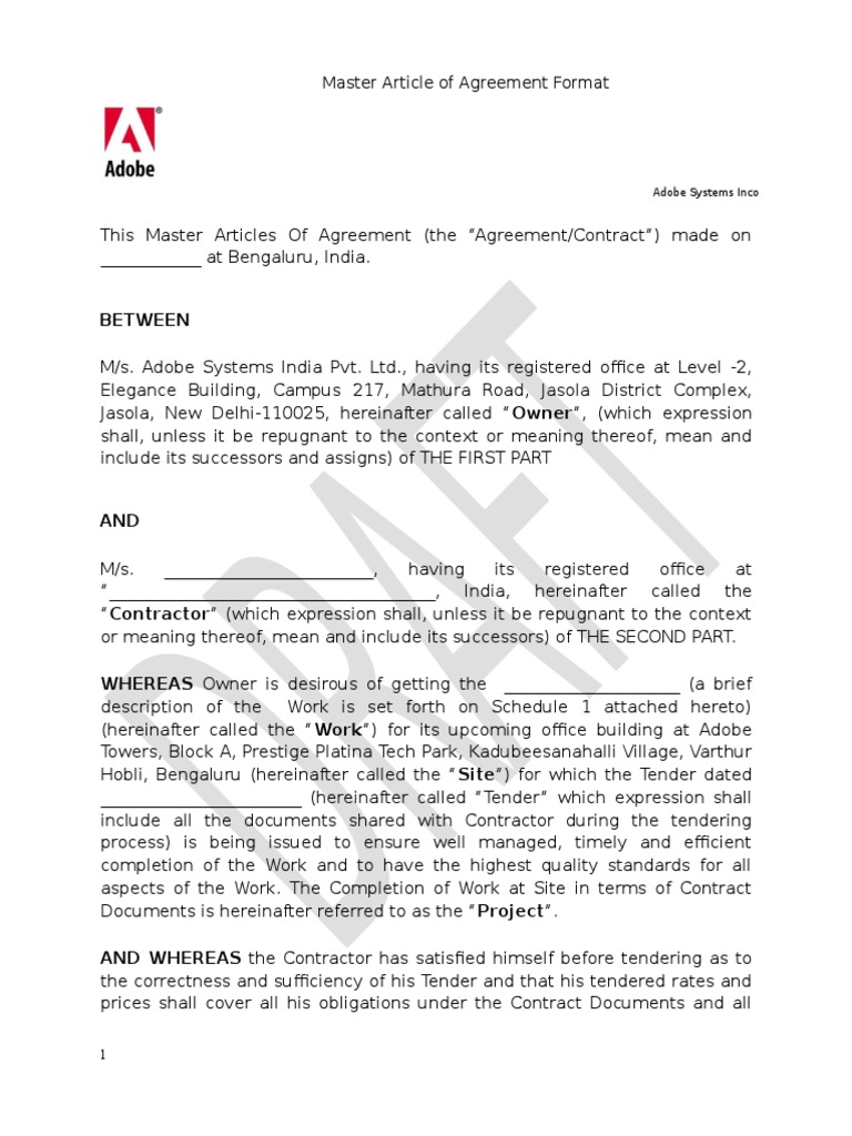 Master Agreement Format for Adobe | PDF | General Contractor | Invoice