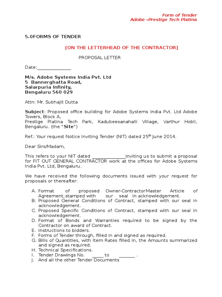 5.0forms of Tender: (On The Letterhead of The Contractor) | Download ...