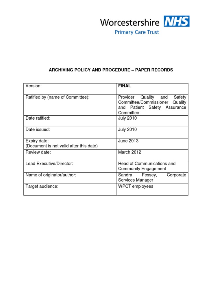 Archiving (Paper Records) Policy | PDF | Records Management ...