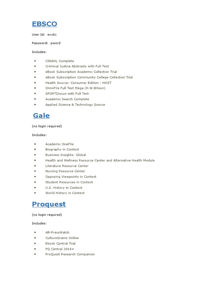 Ebsco: User Id: WVCTC Password: Pword Includes | PDF