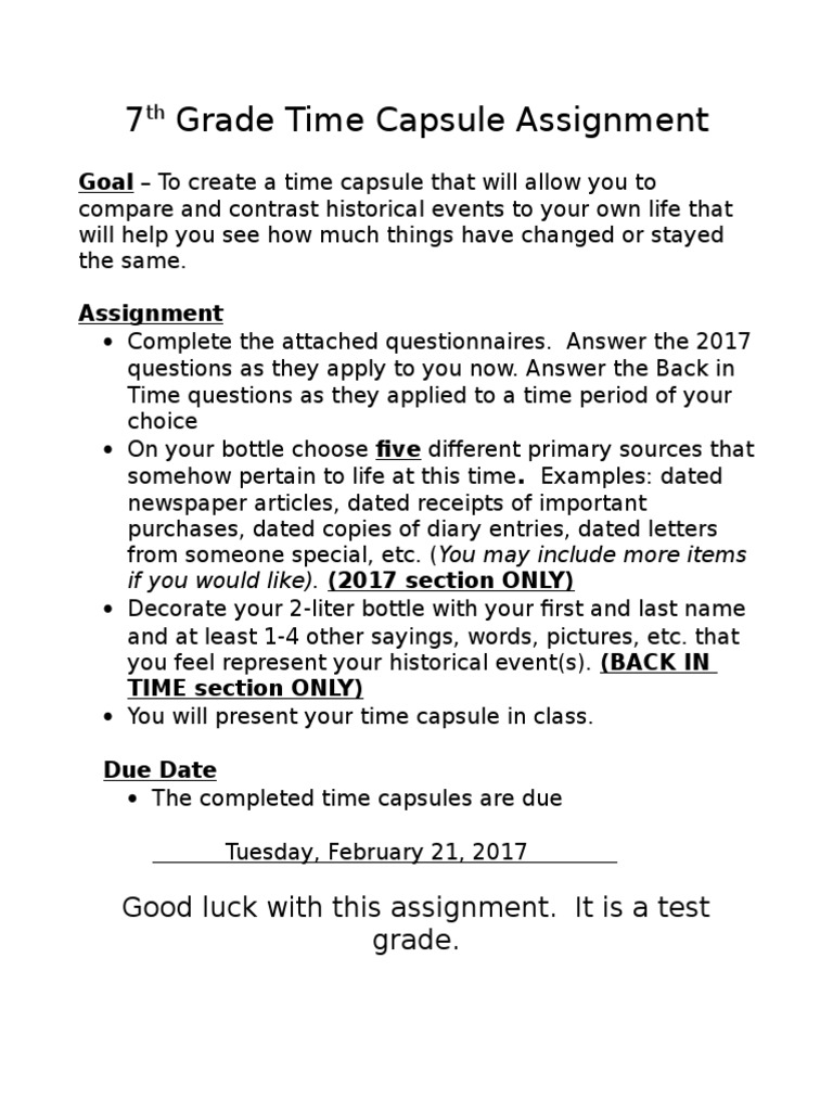 7 Grade Time Capsule Assignment: Goal - To Create A Time Capsule That ...