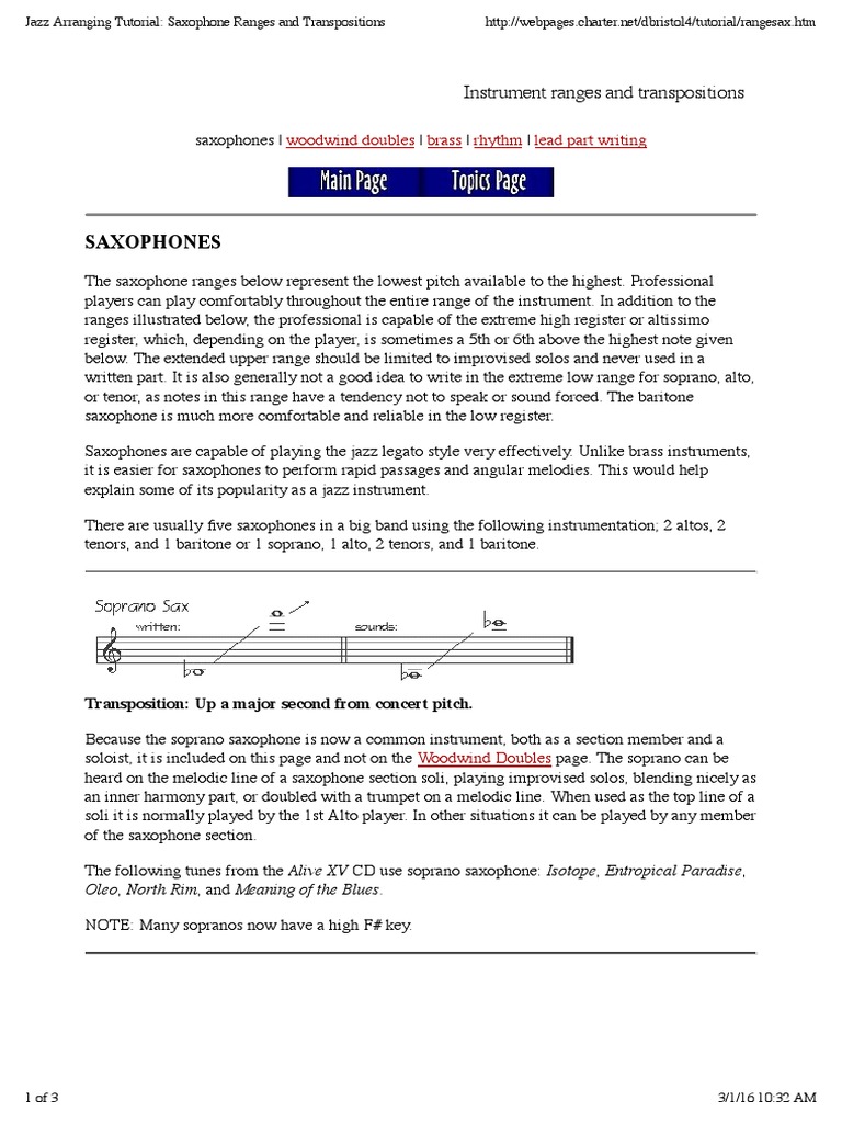 Jazz Arranging Tutorial: Saxophone Ranges and Transpositions | PDF ...